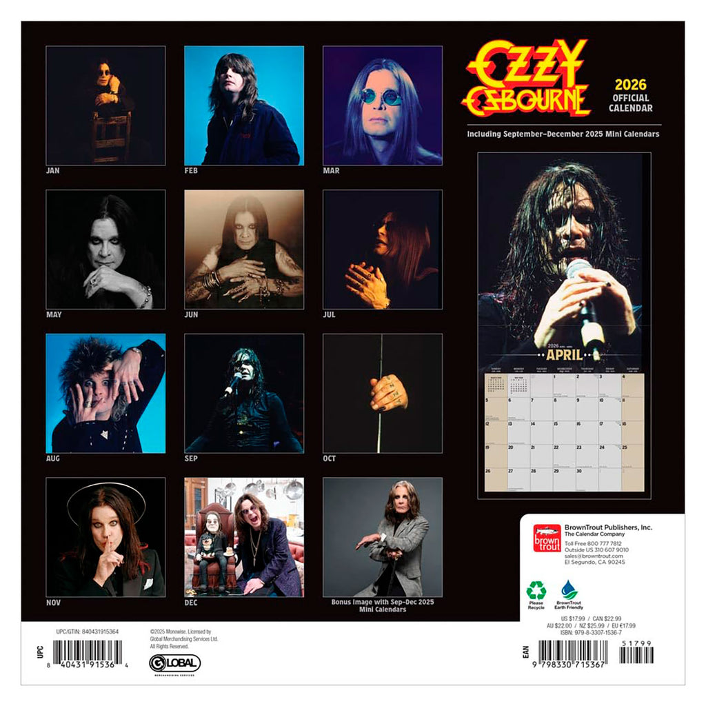 Ozzy Osbourne 2026 Official Calendar Calendar 458960 | Rockabilia Merch Store